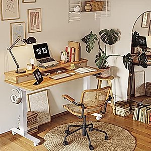 FEZIBO Height Adjustable Electric Standing Desk with Double Drawer, 55 x 24 Inch Stand Up Table with Storage Shelf, Sit Stand Desk with Splice Board, White Frame/Light Rustic Brown Top