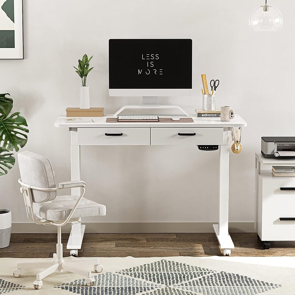 BANTI 48'' Adjustable Height Electric Standing Desk with Double Drawer, Stand Up Home Office Desk with Splice Tabletop, White