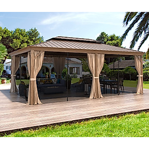 MELLCOM 14'x20' Gazebo, Galvanized Steel Double Roof with Wood Grain Aluminum Frame, Outdoor Permanent Metal Pavilion with Curtains and Nettings for Patio, Backyard and Deck