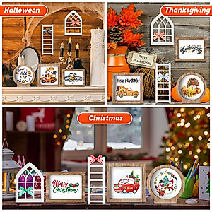 Bencailor 48 Pcs Interchangeable Seasonal Farmhouse Tiered Tray Decor Set Include Wood Frames with Ladders Cards Bow Knot,Tray Not Included(Year Round Seasonal)