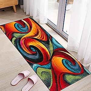 GUBIYU Abstract Rugs Modern Geometric Area Rug Bedroom Living Room Floor Carpet with Swirls in Red Turquoise Orange Contemporary Dining Accent Rugs Sevilla Collection for Hallway 23.6x59 in Runner
