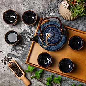 Layhit Japanese Tea Set Asian Tea Set for Adults with 1 Teapot 6 Tea Cups 1 Tea Tray Traditional Portable Japanese Kiln Altered Glaze Porcelain Tea Set for Tea Women Mother's Day Gifts(Blue)