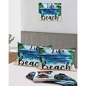 Life is Better at The Beach Pillow Covers Standard Size Set of 2 Bed Pillow, Summer Blue Ocean Tropical Plants Plush Soft Comfort for Hair/ Skin Cooling Pillowcases with Envelop Closure 20''x26''