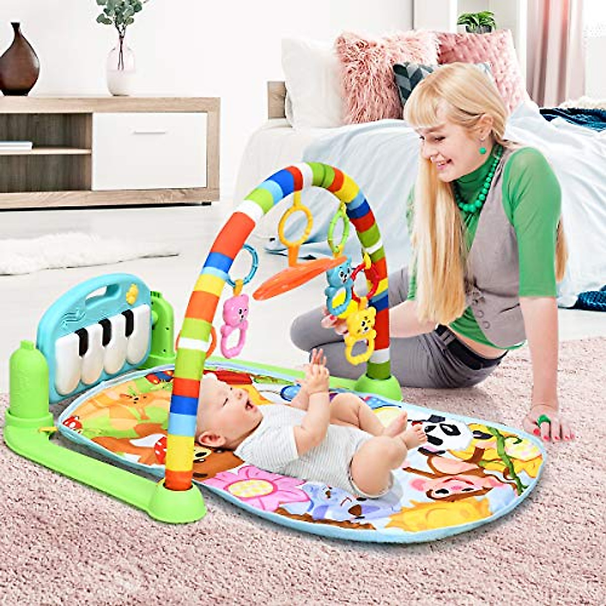 BABY JOY Baby Play Mat, Kick and Play Gym with Detachable Piano, Foot Gym Carpet Piano Fitness Rack, 4 Rattle Pendants and 1 Mirror, Ideal for Baby Room (Rainbow)