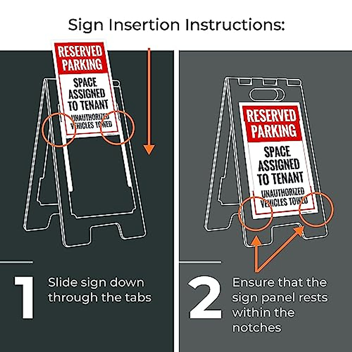 Reserved Parking Space Assigned To Tenant Unauthorized Vehicles Towed Sidewalk Sign Kit, 10x16 Inches, With A Frame Stand, Made in USA by Sigo Signs