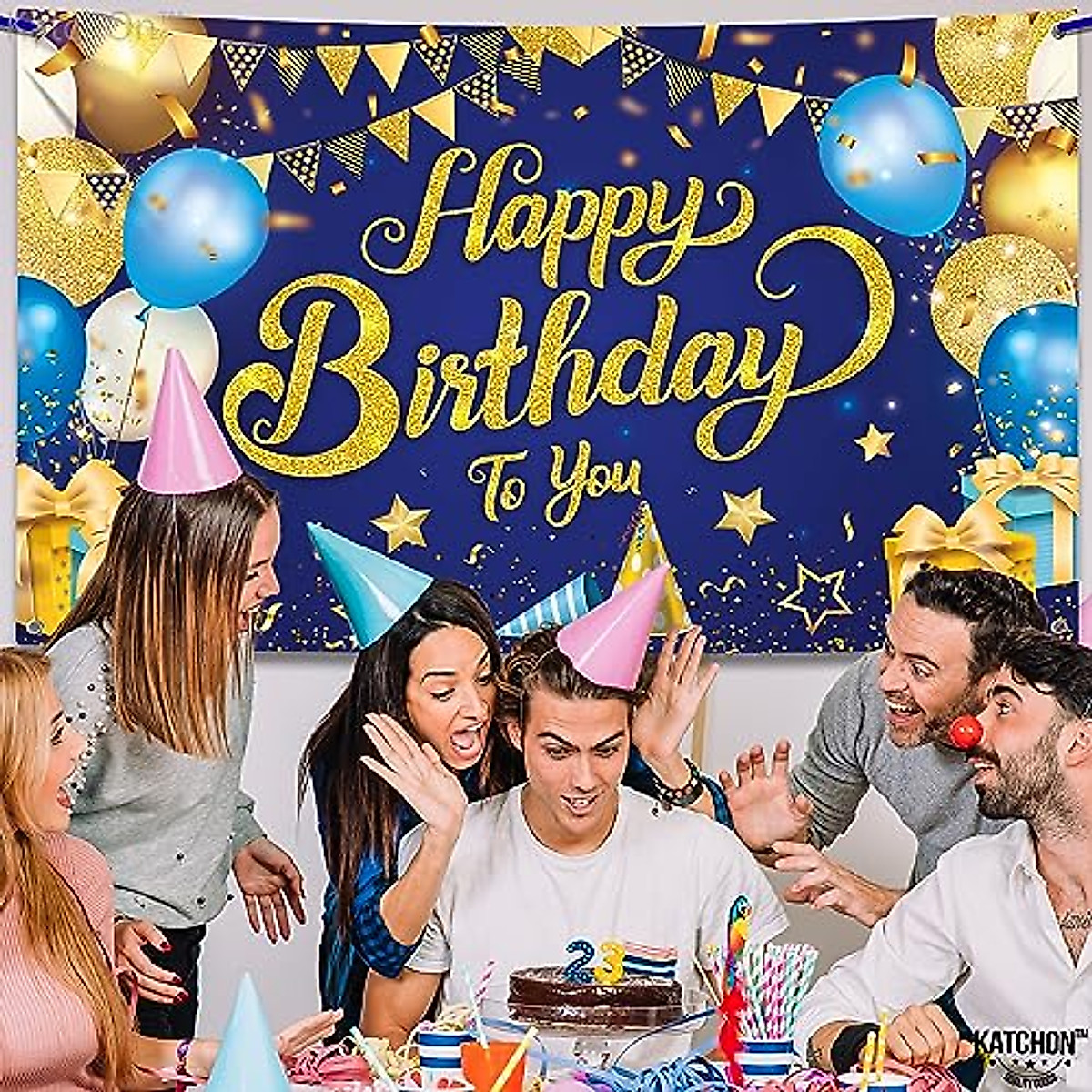 KatchOn, Happy Birthday Banner Blue and Gold - XtraLarge, 72x44 Inch | Happy Birthday Backdrop for Boys | Birthday Decorations for Women | Happy Birthday Men Decorations | Birthday Banners for Men