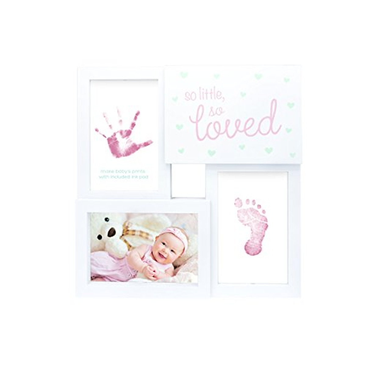 tiny ideas Baby Prints Collage Keepsake Frame With Included Ink Pad, Newborn Handprint And Footprint Nursery Decor, So Little So Loved, Pink/White