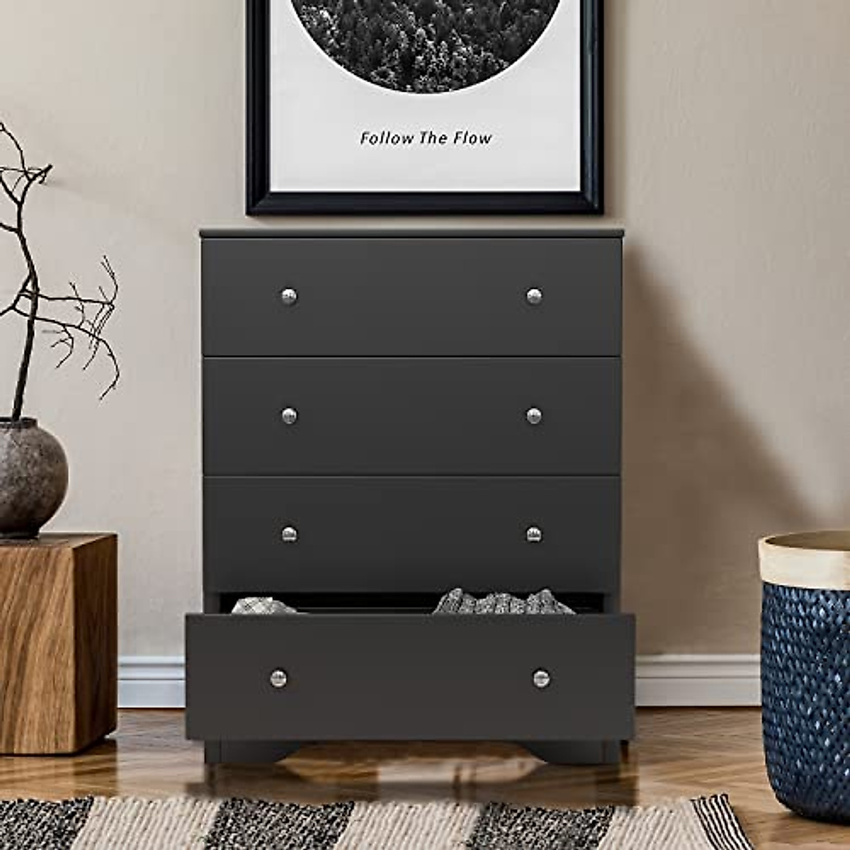 Artist Unknown 4 Drawer Dresser for Bedroom Chest of Drawers with Wooden Top Tall Storage Cabinet Nightstand for Living Room, Entryway, Children Room (Black)