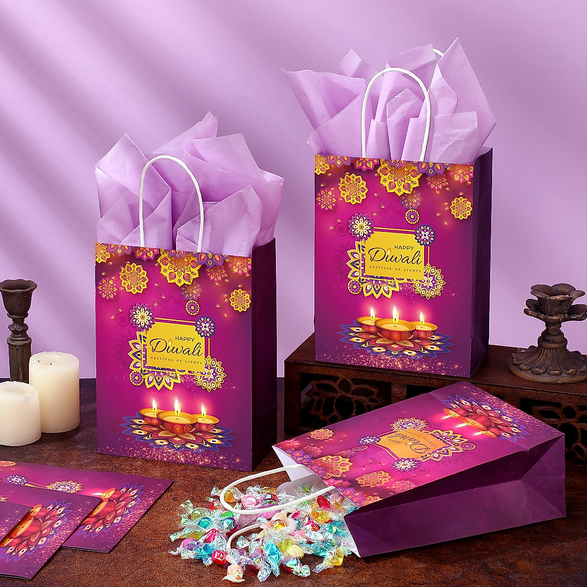 Qilery 18 Pcs Diwali Gift Bags with Tissue Paper Diwali Party Favors Diwali Candy Goody Bags with Handles Indian Diwali Treat Bags for Diwali Party Indian Celebration Supplies Decoration