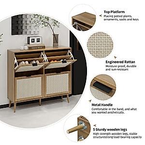 Woenei Shoe Cabinet with Flip Drawers-Modern Rattan 2-Tier Shoe Storage Organizer Cabinet,Freestanding Wood Shoe Rack with 4 Drawers for Bedroom,Mudroom,Entryway,Living Room (Walnut Brown_4 Drawers)