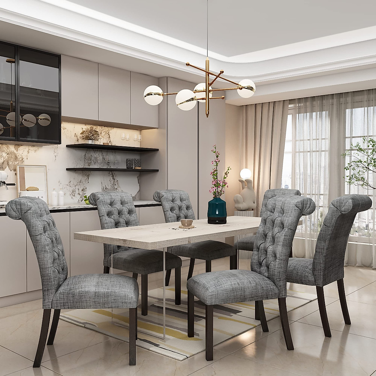 Augensternchen Dining Chair, Dining Room Upholstered Chair with Tufted Back and Solid Wood Legs, for Home Kitchen and Restaurant, Soft Beige Linen Material, Set of 2 (Gray)