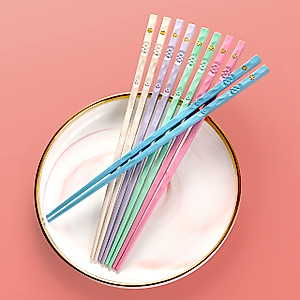 HELERKOL 5 Pairs Fiberglass Multicolor light color Chopsticks Carved Gold Glitter Patch Chopsticks Reusable Non-Slip Lightweight Chinese Japanese Korean Chopsticks Dishwasher Safe, 9.6 Inch long