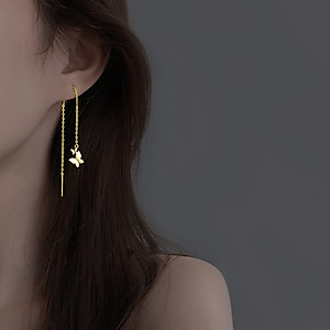 SLUYNZ 925 Sterling Silver Butterfly Earrings Dangle Chain for Women Teen Girls Butterfly Threader Earrings Tassel (B-Yellow)