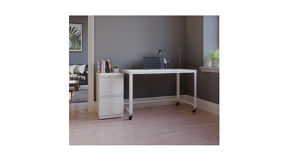 Modern Metal Mobile Desk in White – 48-Inch Office Desk with Wheels