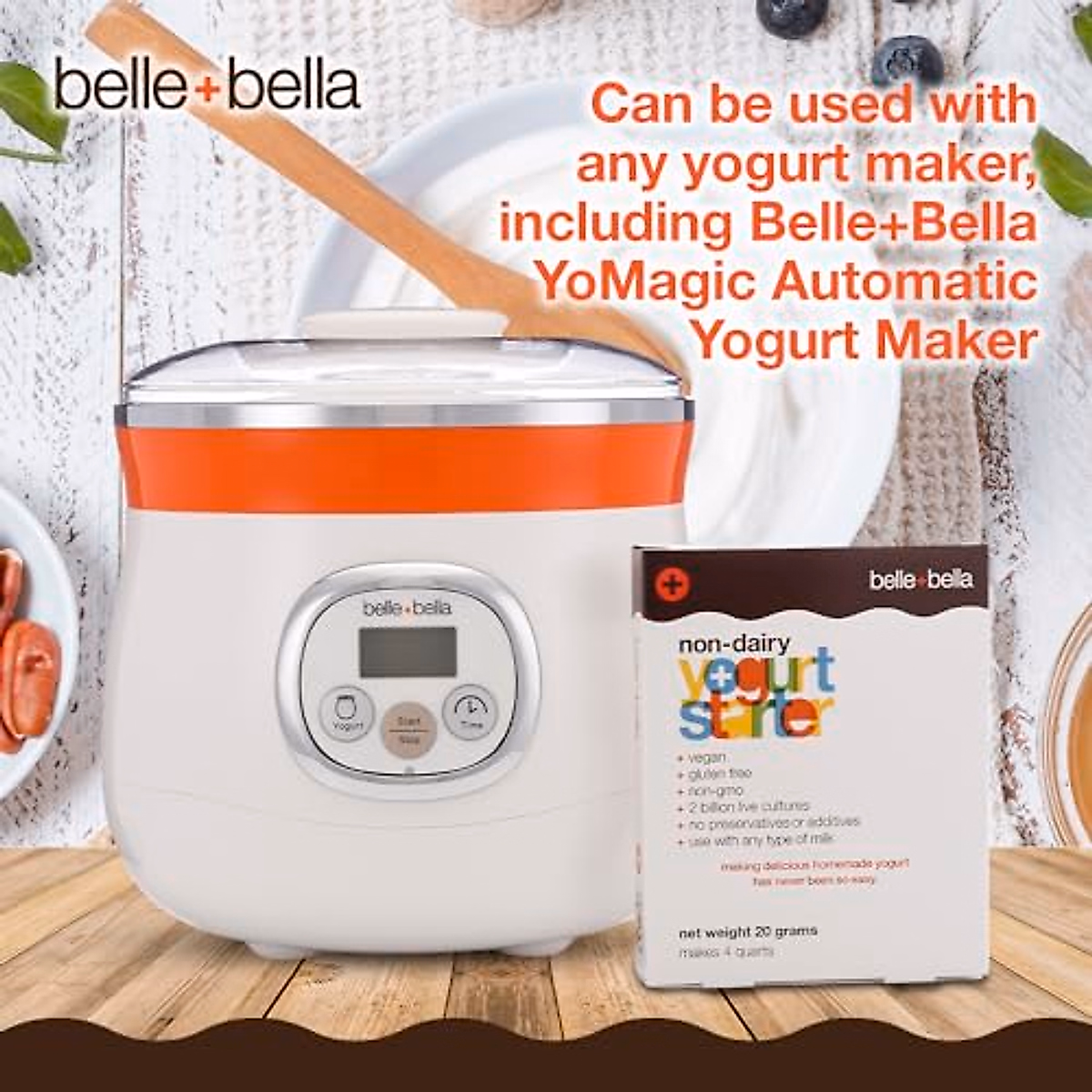 Belle + Bella Non-Dairy Vegan Yogurt Starter - Gluten Free, No Added Sugar, Non GMO - Makes 4 Quarts Vegan Yogurt - 2 Billion Live Cultures - Mix with Any Dairy Free or Dairy Milk - 1 Box