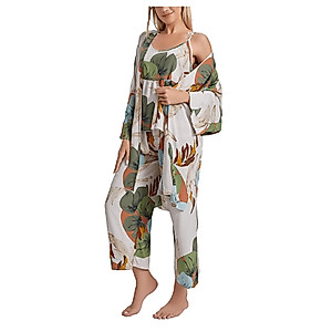 WDIRARA Women's 3 pcs Sleepwear Leaf Print Cami and Pants Pajama Set with Robe Multicolor S