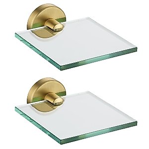 JQK Small Floating Glass Shelves Gold, 4 Inch Display Ledges for Wall, Mini Decor, Living Room Bedroom Bathroom, Tempered Glass Shower Storage, 2 Pack, TGS101L4-BG-P2
