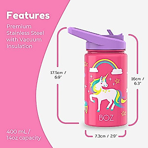BOZ Kids Water Bottle for School with Straw Lid, Stainless Steel Insulated Water Bottle for Kids, Toddler Water Bottle, Leak Proof Water Bottle for Kids and Toddlers, 14 oz (414ml) (Unicorn)