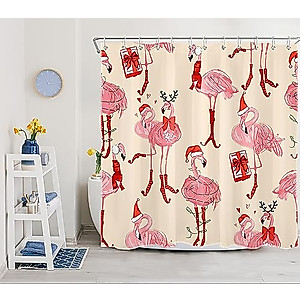 HVEST Christmas Flamingo Shower Curtain, Pink Flamingo with Xmas Hat and Stocking on Beige Background Shower Curtain for Bathroom, Animal Polyester Fabric Shower Curtain with Hooks, 72W x 72L Inches