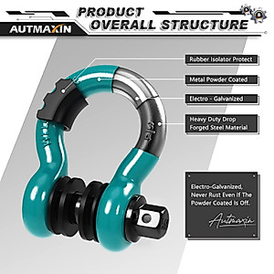 AUTMAXIN D Ring Shackles 3/4" Shackle (2 Pack) - 58,000Ibs Break Strength with 7/8" Anti-Loose Security Pin, Shackle Isolator Washer Kits for Tow Strap Winch Off-Road Vehicle Recovery, Teal