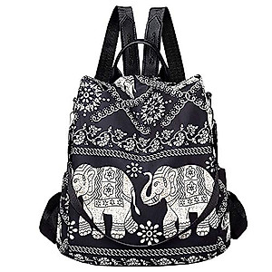 Monique Women Medium Floral Elephant Oxford Backpack Anti-theft Back Zipper Closure Daypack Convertible Shoulder Bag Black