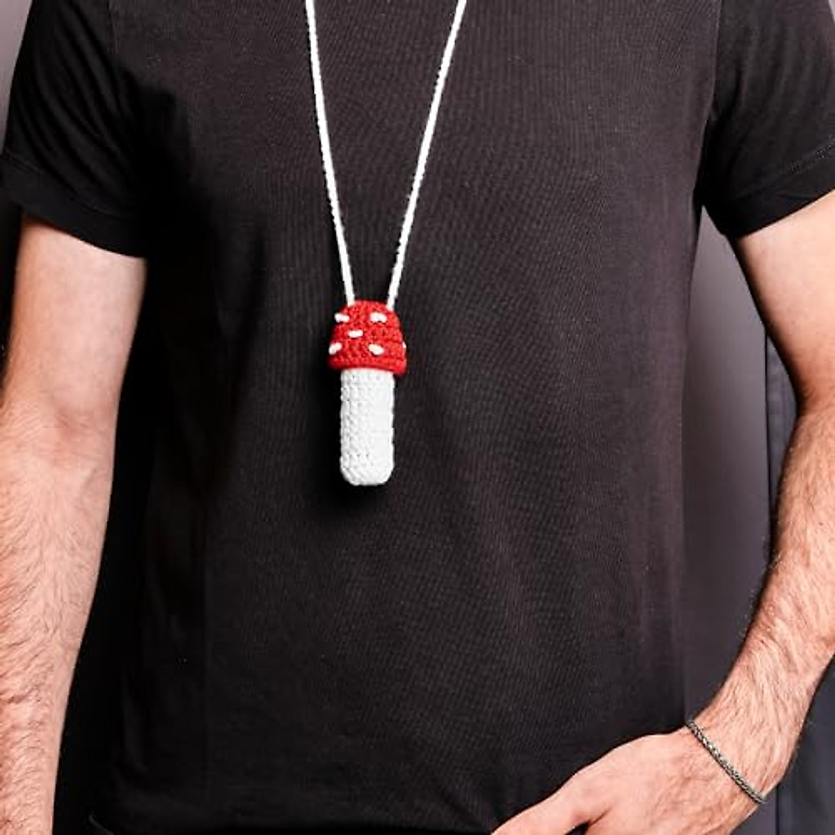 Crochet Mushroom Pouch, Handmade Mushroom Pouch Chapstick Holder – Festival Pouch Necklace – Crochet Handmade Case Pendant, Lanyard for Lip Balm (Red)