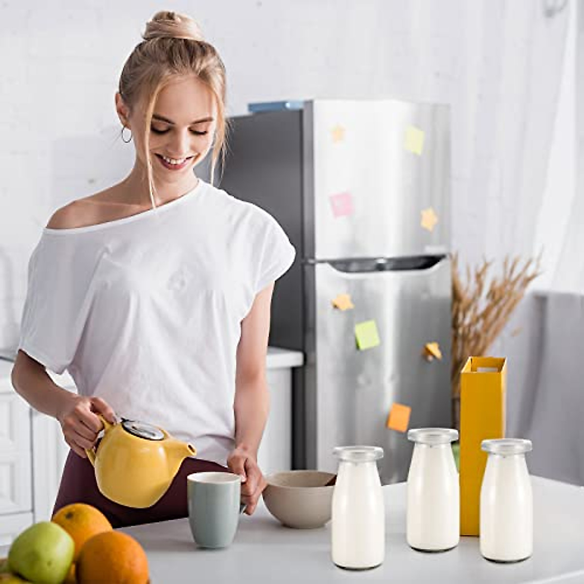 Zubebe 12 Pack 6.76 oz Small Glass Milk Bottle Clear Mini Glass Bottles with Lids Glass Juice Bottle Reusable Small Milk Jar Vintage Breakfast Shake Container for Drinking Water Juice Honey