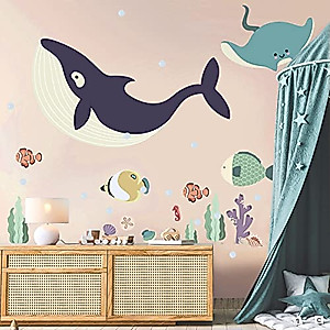 Ocean Fish Wall Decals Peel and Stick 39" Large Whale Wall Decal Under The Sea Wall Stickers for Kids Bedroom Ocean Decal Stickers for Baby Girl Boy Room Decor Undersea Fish Decor Wallpaper Stickers Mural Wall Art for Nursery Underwater Fish Decal