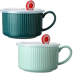 2 Pieces Ceramic Soup Bowls with Handles 30 oz Microwave Safe Bowl with Lid Microwavable Soup Mug with Lid Large Soup Cups for Ramen Noodle Cereal (Blue, Dark Green)