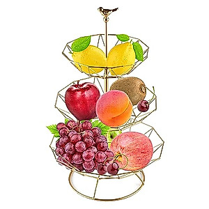 MINIDUO Wrought iron 3 Tier Fruit Tray Fruits Desserts Candy Buffet Plates Serving Tray for Family Dinner Birthday Party Wedding-gold