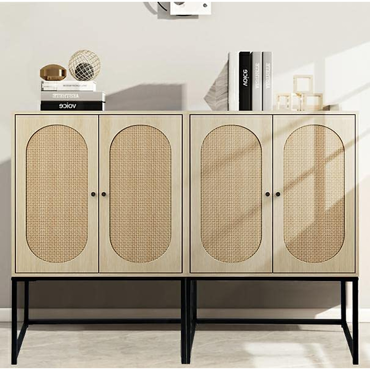 Lamerge Natural Rattan Cabinet Set of 2,Sideboard Buffet Cupboard Accent Cabinet with 2 Door,Adjustable Shelves,Free Standing Bookmatch,High Cabinet,RusticOak Beige