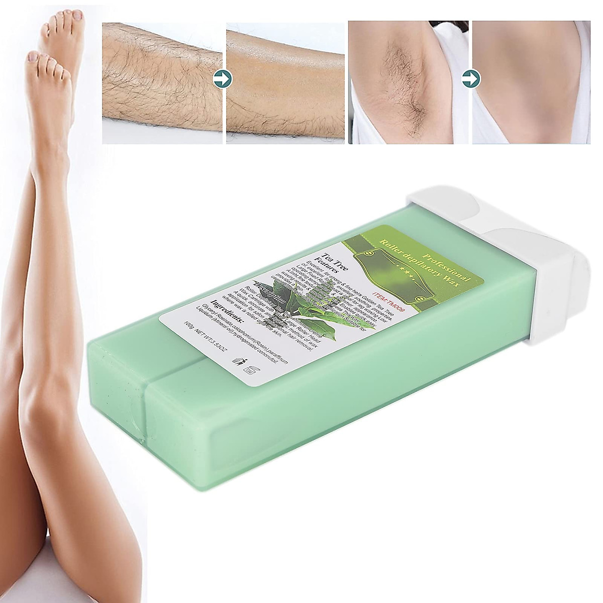 Roll-On Wax Cartridge for Hair Removal 100g Roller Depilatory Wax for Body Legs Arms Armpit Bikini Hair Removal Professional or Home Uses(Tea Tree)