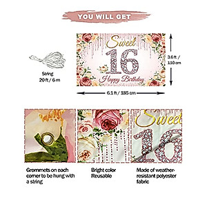 HTDZZI Sweet 16 Birthday Decorations, Rose Gold Happy 16th Birthday Backdrop Banner for Girls, Pink Floral Sweet Sixteen Party Decor, Sweet 16 Yard Sign Photo Booth Props, Fabric, 6.1ft x 3.6ft