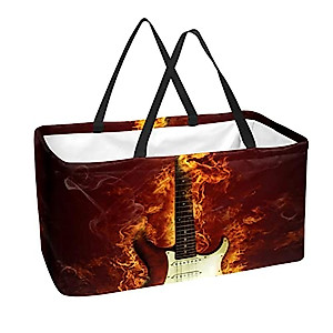 Reusable Grocery Bag Electric Guitar in Flames Burning Fire Large Stand Up Tote Shopping Bag with Reinforced Handles