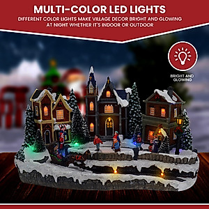 Large Animated Christmas Village Skating Town - Lighted Resin Musical Snow Scene with 4 Moving Skaters and Adapter