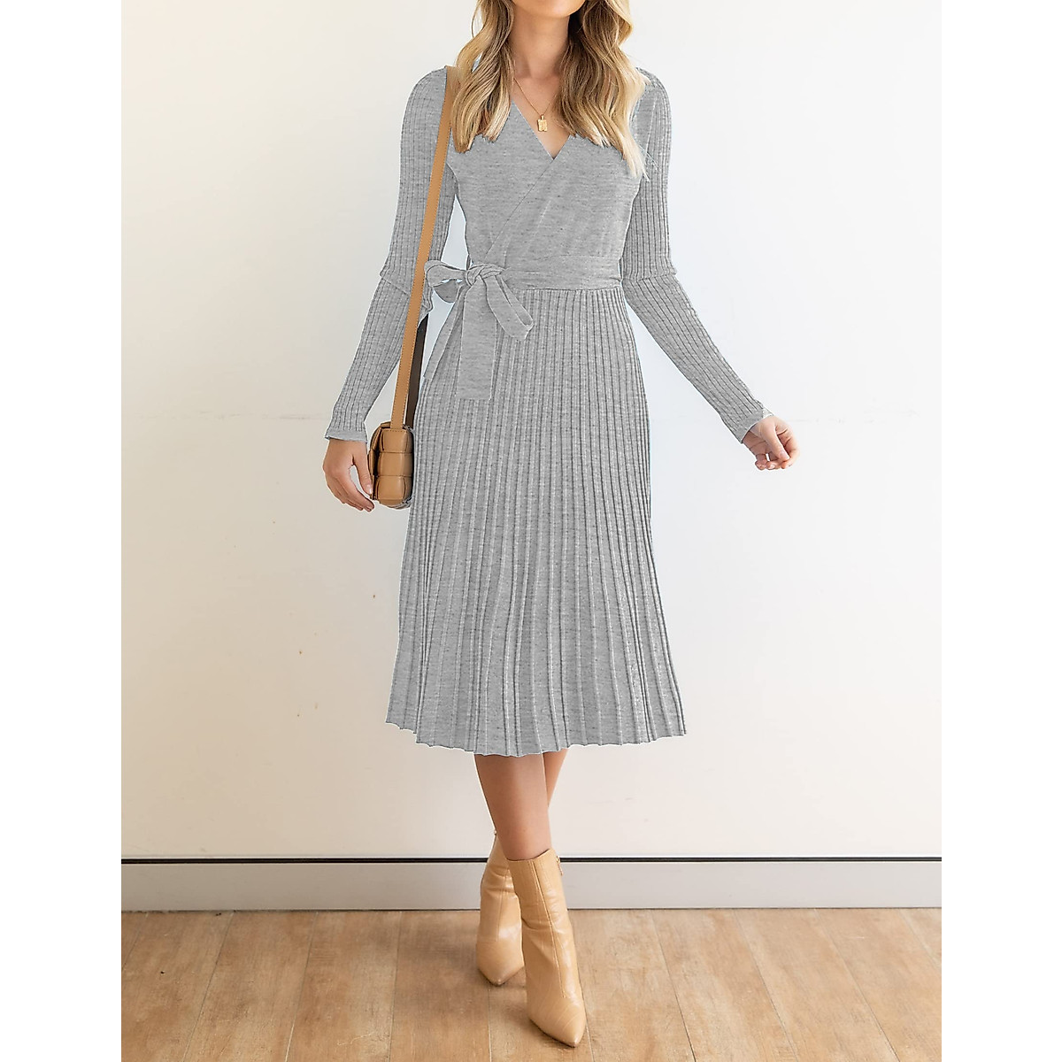 ZESICA Women's Fall Long Sleeve Wrap V Neck Ribbed Knit Pleated A Line Pullover Sweater Dress with Belt,Grey,Small