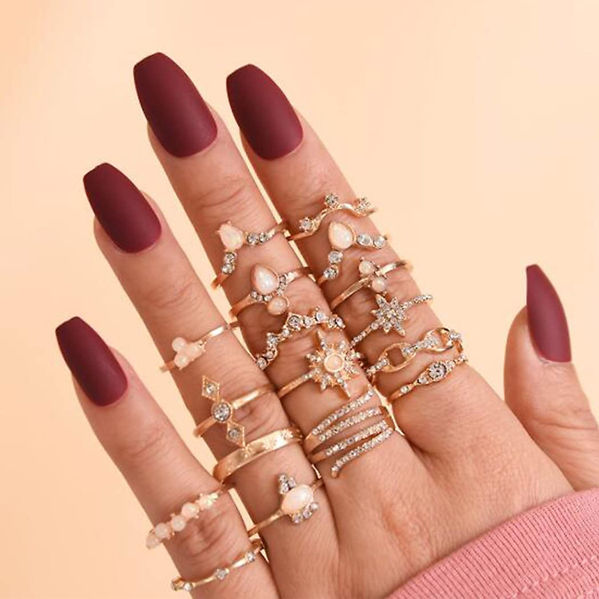 TWINKLEDE Boho Stackable Rings 17Pcs Rhinestone Finger Rings Gold Crystal Joint Knuckle Rings for Women