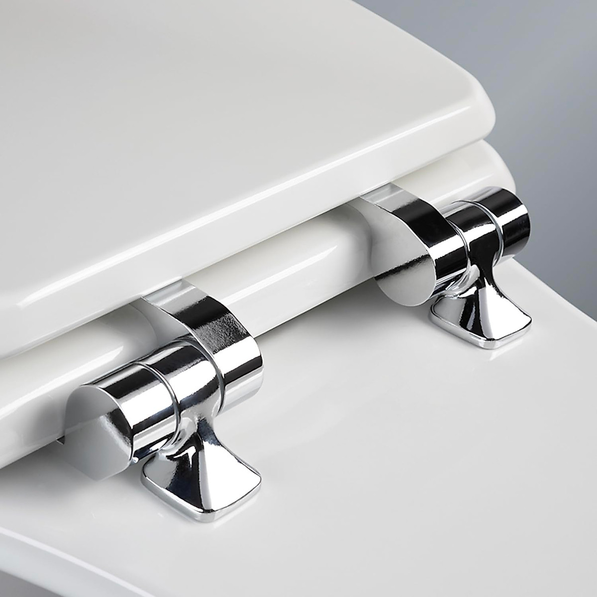 Mayfair Benton Toilet Seat with Chrome Hinges, Slow Close Wood Seat, Secure Metal Hinges, Easy Install, Elongated, White