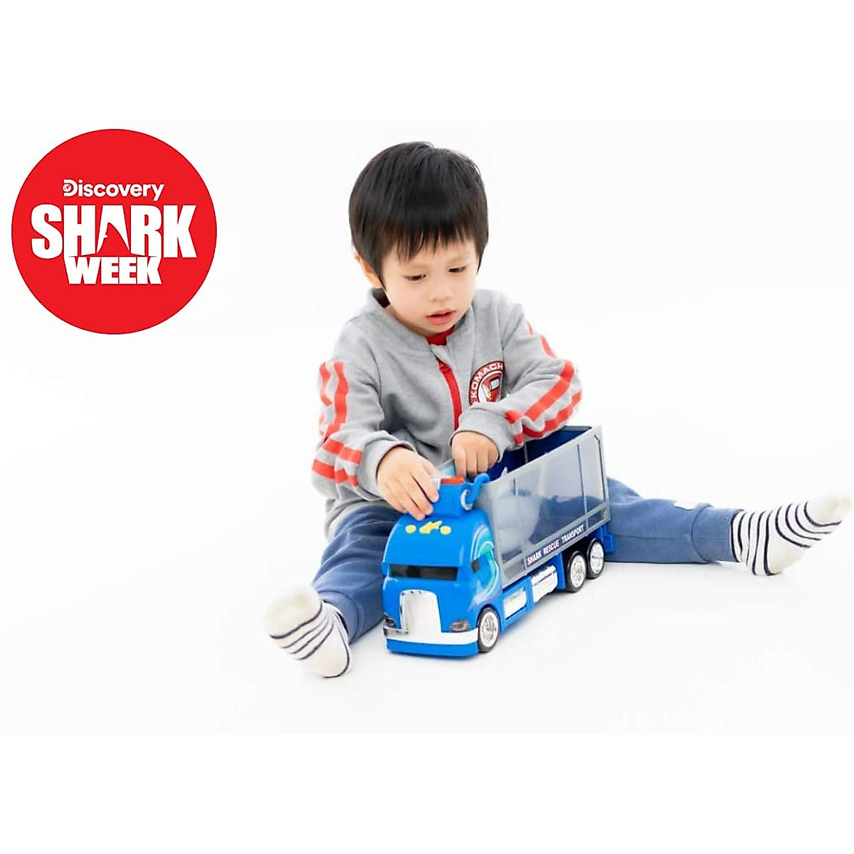 SHARK WEEK Discovery - Rescue Transport Truck Toy Playset for Kids, Includes Moving Toy Truck with Lights and Sounds, Great White Shark Tank, Hand Painted, Realistic, Eco Friendly, Officially Licensed