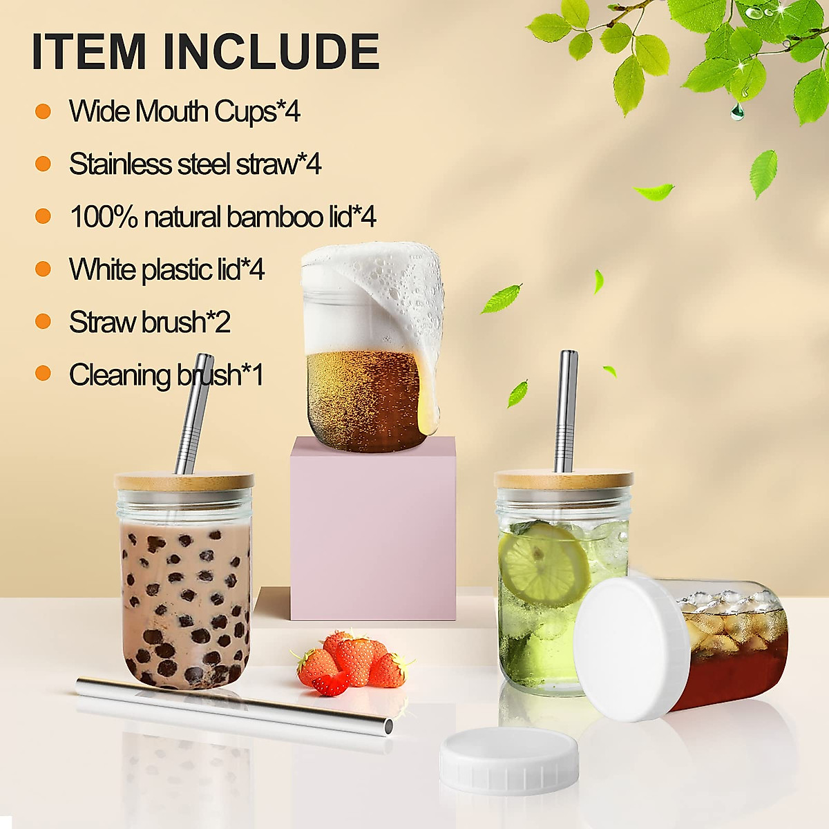 Mason Jar with Lid and Straw, 4 Pcs 16oz Glass Tumbler, beer Glasses, smoothie Cup, iced Coffee Cup, drinking Glasses, beer Can Glass, mason Jar Cups, for Juice Drinks