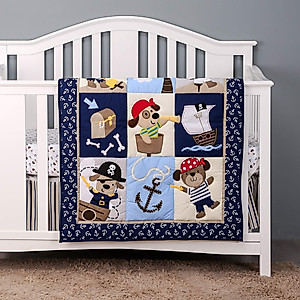 Brandream Baby Crib Bedding Sets for Boys | 4-Piece Blue Nursery Set Nautical Anchor Palm Dog Pirate Theme