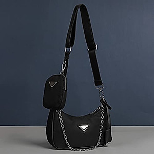 Healthycloudy Women messenger chain shoulder bag nylon armpit dumpling bag (Black)