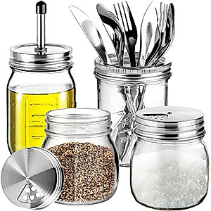 Rustic Mason Jar Kitchen Set-Olive Oil Bottle and Vinegar Cruet, Utensil Holder, Salt & Pepper Shaker Spice Jars - Shabby Chic Farmhouse Countertop Organization for Vintage Decor(4PCS)