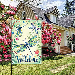 Spring Garden Flag with Welcome Quote , Burlap Double Sided Dragonfly Flower Yard Flags, Garden Flag Rustic Farmhouse Yard Outdoor Decoration (Dragonfly)