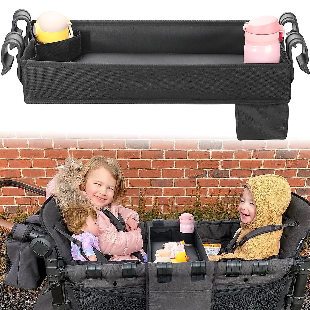 Upgraded Stroller Snack Tray for Wonderfold Wagon W2 Series - Kids Toy Placement - Faux Leather Sides - Easy to Clean - Deeper Cup Holder - Reinforced Sides