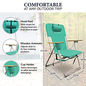 Caribbean Joe Folding Beach Chair, 4 Position Portable Backpack Foldable Camping Chair with Headrest, Cup Holder, and Wooden Armrests, Teal