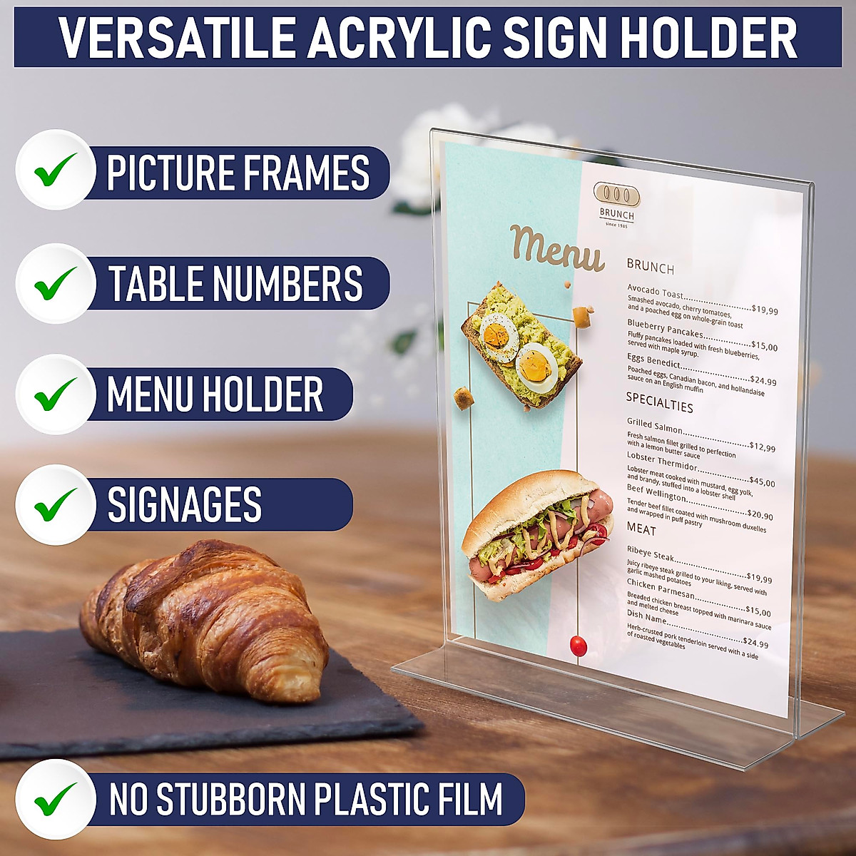 Acrylic Sign Holder 8.5 x 11 - T-Shape Double Sided Acrylic Table Signs Stand with Wide Base, Plastic Sign Holder for Table Top Signs and Acrylic Table Signs, Menu Holder, Paper Display Stand (6 Pack)