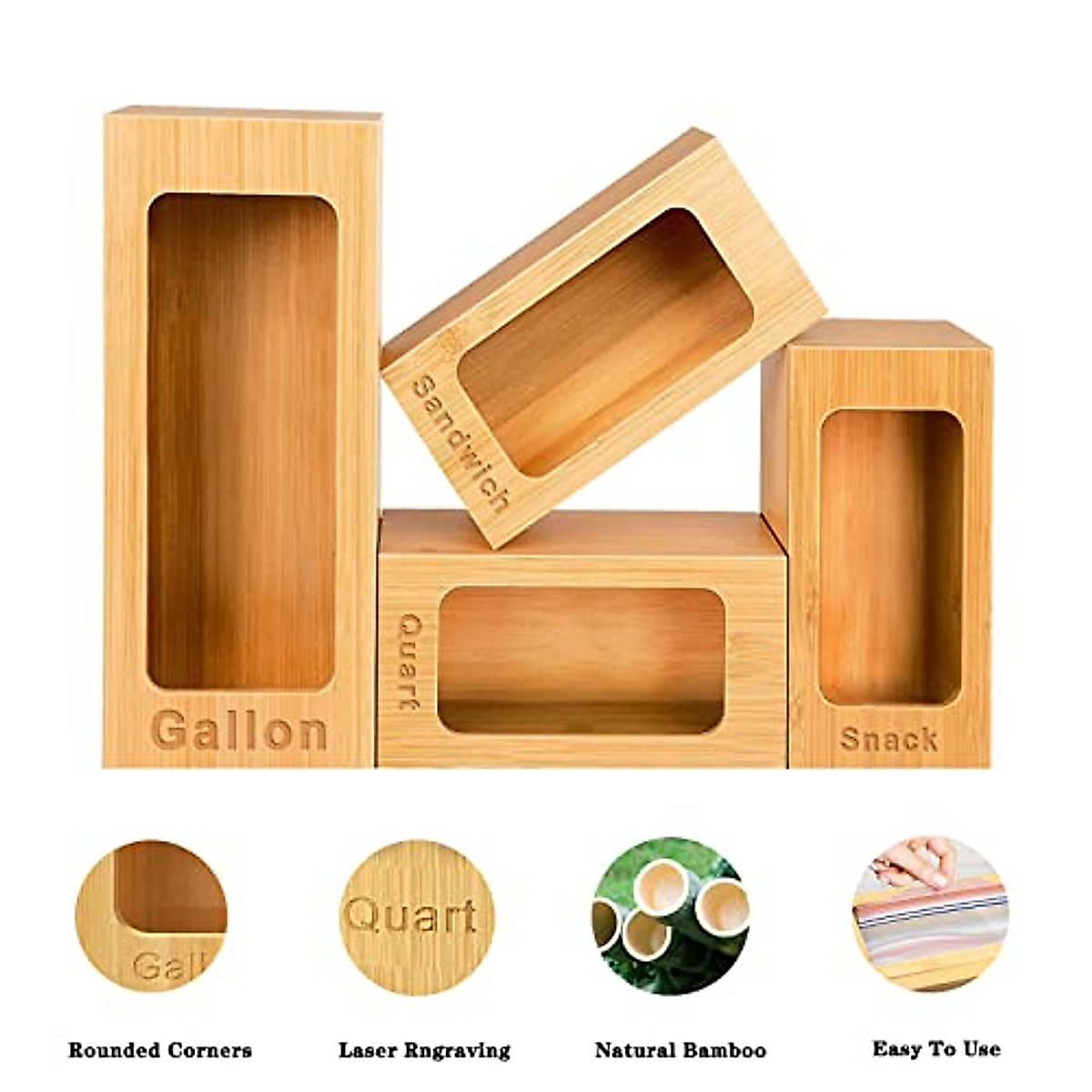 Food Storage Bag Organizer Holders, Bamboo Ziplock Bag Storage Organizer Dispenser for Kitchen Drawer, Compatible with Ziploc, Solimo, Glad, Hefty for Gallon, Quart, Sandwich, Snack Variety Size Bags