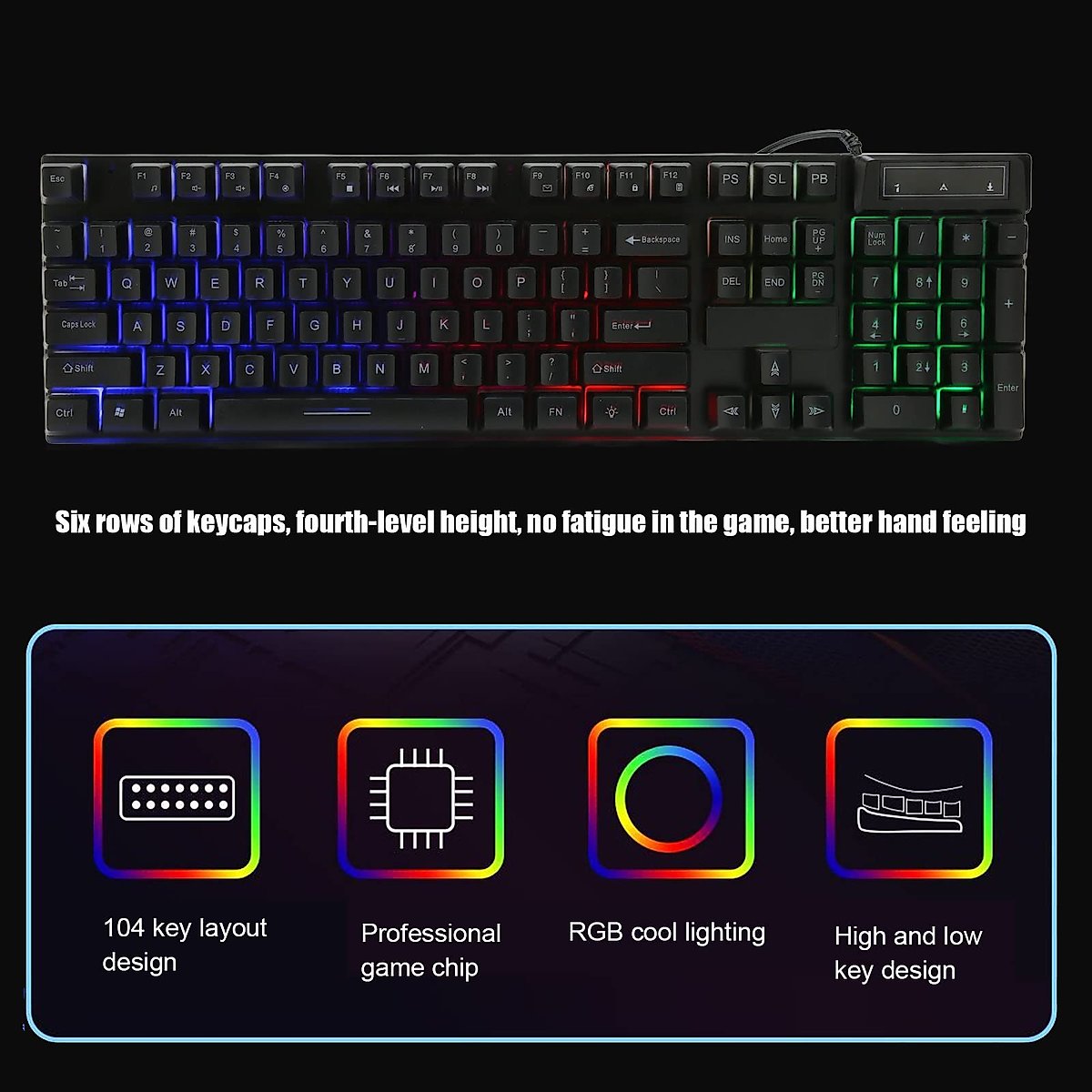 USB Gaming Keyboard, Quick Response Backlit Keyboard 104 Keys Wired One Piece Design High and Low Key Design RGB Lighting Effect for Gaming for Office for Home(H600 black characters-single keyboard)