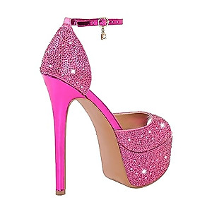 LISHAN Platform Pink Rhinestone Heel for Women Bling Bling Sandals Sexy Sparkly Stiletto High Heel with Ankle Strap Glitter Peep Open Toe Shoes for Dress Disco Party Slip on Shoes plus Size 13